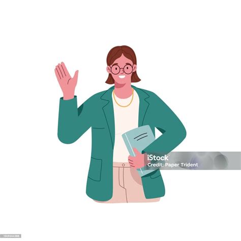 행복한 여자 초상화 인사말 Smb 안녕을 제스처하고 손으로 손을 흔들어 안경에 선생님 책을 들고 환영하고 손바닥으로 인사 흰색 배경에 격리된 플랫 벡터 그림 교사 교육 관련