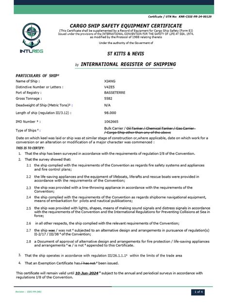 Cargo Ship Safety Equipment Certificate Pdf Ships Shipping