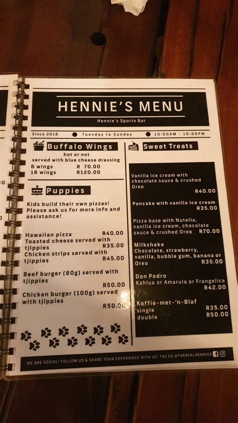 Menu At Hennies Moreleta Restaurant Pretoria