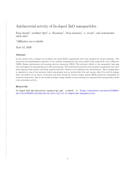Pdf Antibacterial Activity Of In Doped Zno Nanoparticles