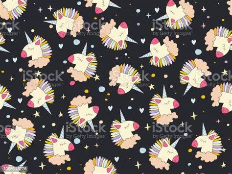 귀여운 유니콘 구름과 별과 손 그려진된 원활한 벡터 패턴입니다 귀여운 손 유니콘 벡터 패턴 레인 보우 갈기와 녹색 구름을 그려 마법의 긍정적인 작은 소녀 완벽 한 패턴