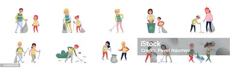 사람들 아이 자원 봉사자 청소 쓰레기 줍기 및 플라스틱 병 벡터 세트 가방에 대한 스톡 벡터 아트 및 기타 이미지 가방 남자 벡터 Istock