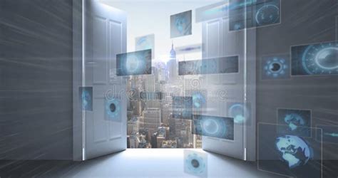 Animation Of Data Processing With Scope Scanning Over Door And Cityscape Stock Footage Video