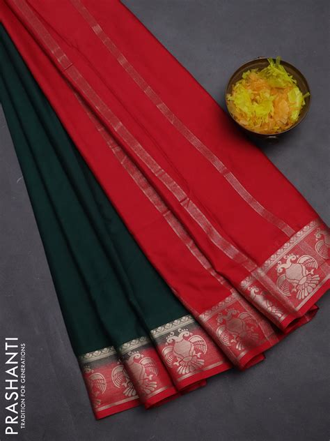 Semi Mysore Silk Saree Green And Red With Plain Body And Peacock Desig