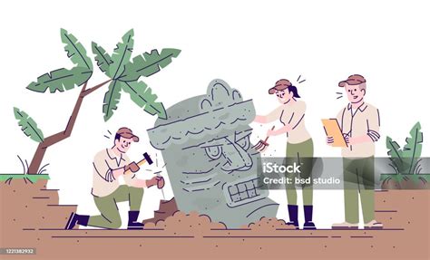 고대 문화 고고학 연구 평면 벡터 그림입니다 오래된 문명 분석 흰색 배경에 윤곽 요소와 조각 고립 만화 캐릭터를 연구 고고학자 가공의 인물에 대한 스톡 벡터 아트 및 기타