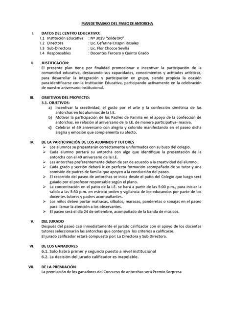 Plan De Trabajo Paseo De Antorchas Pdf