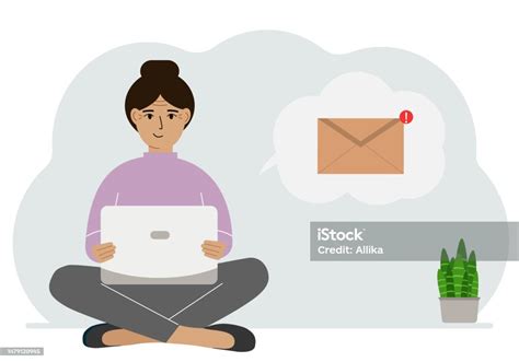 한 여성이 다리를 꼬고 앉아 노트북으로 작업하고 이메일을 엽니다 교육 일 통신의 개념 노트북에 대한 스톡 벡터 아트 및 기타 이미지 Istock