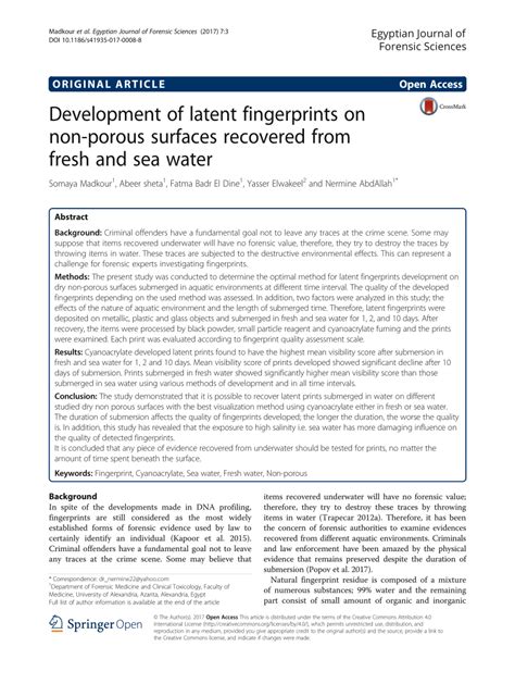 Pdf Development Of Latent Fingerprints On Non Porous Surfaces Recovered From Fresh And Sea Water