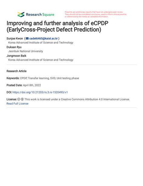 Pdf Improving And Further Analysis Of Ecpdp Earlycross Project Defect Prediction