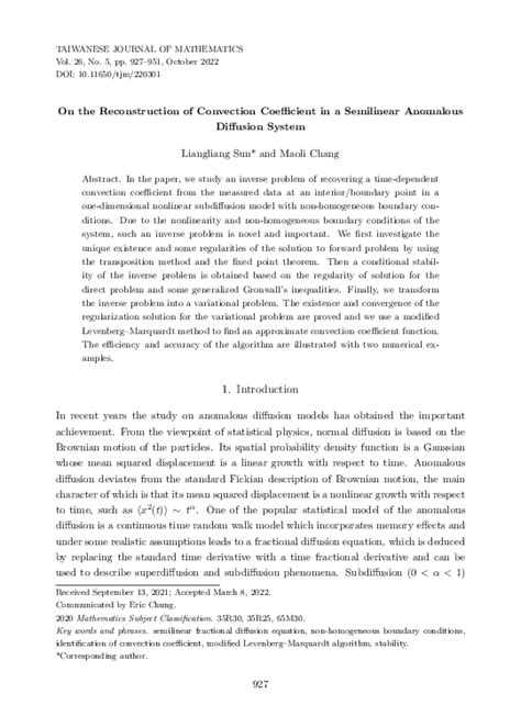 Pdf On The Reconstruction Of Convection Coefficient In A Semilinear Anomalous Diffusion System