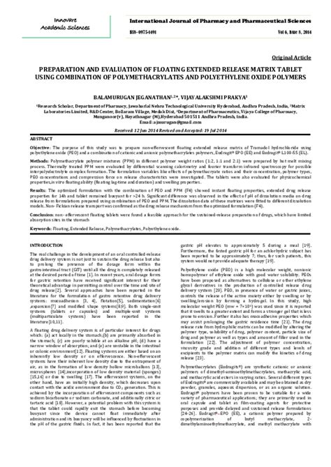Pdf Preparation And Evaluation Of Floating Extended Release Matrix Tablet Using Combination Of