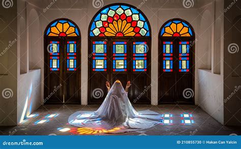 Unidentified Iranian Woman In Chador Hijab Praying Inside Tabatabaei