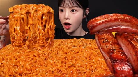 Sub겉바속촉 대왕 통베이컨에 까르보불닭 먹방 불닭볶음면 삼겹살 꿀조합 리얼사운드 Bacon And Buldak Noodles