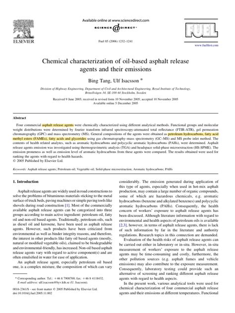 Chemical Characterization Of Oil Based Asphalt Release Agents And Their