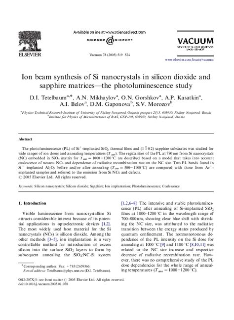 Pdf Ion Beam Synthesis Of Si Nanocrystals In Silicon Dioxide And Sapphire Matrices—the