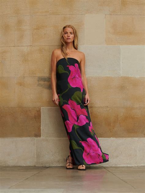 Kira Pink Floral Satin Bandeau Dress Bandeau Dress Column Dress