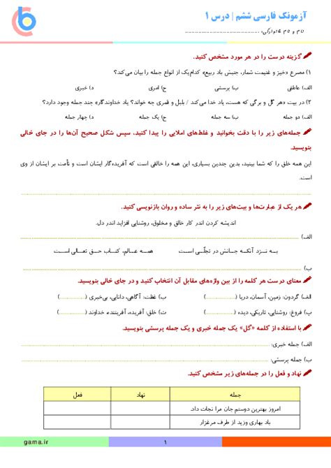 آزمون فارسی و نگارش کلاس ششم دبستان ستایش و معرفت آفریدگار گاما