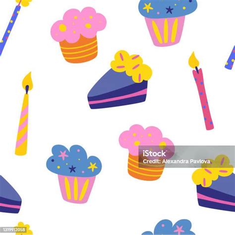 케이크와 양초와 매끄러운 패턴 귀여운 생일 프린트 파티 와 생일 장식 항목 선물 과 선물 축제 포장지 축하 인사말 엽서 배경 벡터 머핀에 대한 스톡 벡터 아트 및 기타