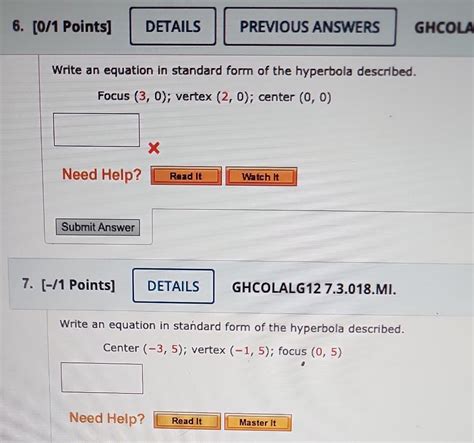 Solved Write An Equation In Standard Form Of The Hyperbola