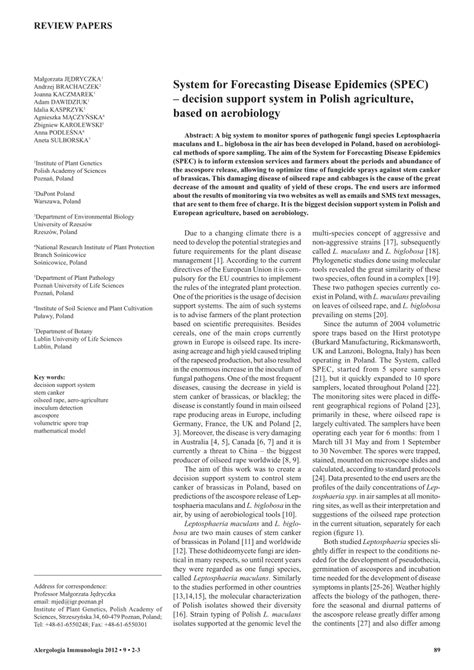 Pdf System For Forecasting Disease Epidemics Spec Decision Support System In Polish