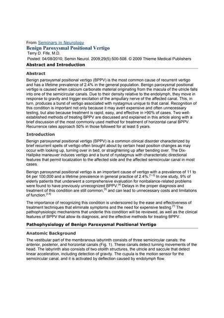 Bppv Pdf Brain And Nervous System Disorders Diseases And Conditions