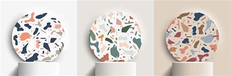 흰색 배경에 테라조 패턴 표면 원형 배경이 있는 3d 현실적인 흰색 실린더 연단 받침대 세트 연단에 대한 스톡 벡터 아트 및