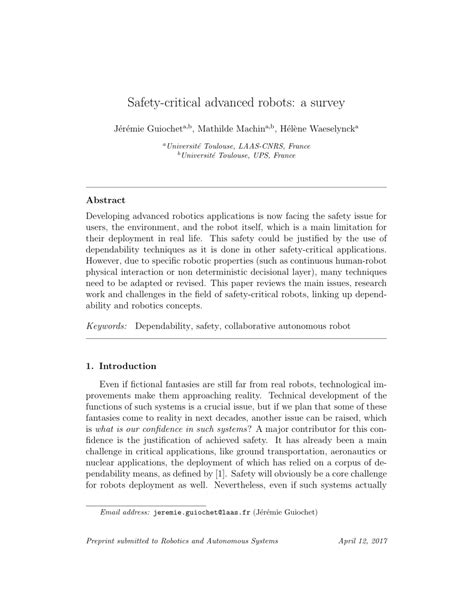 Pdf Safety Critical Advanced Robots A Survey