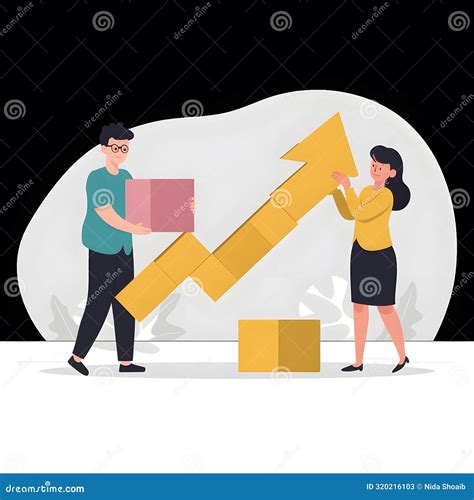 Male And Female Characters Collaborate To Assemble An Arrow From Colorful Blocks Stock