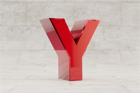 빨간색 3d 문자 Y 대문자입니다 돌 타일 배경에 광택 있는 빨간색 금속 문자입니다 스튜디오 빛 반사와 빛나는 금속