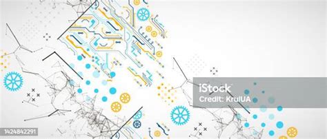 기술 및 과학 주제에 대한 추상적 인 배경 텍스트 아래에 있는 장소가 있는 다양한 테크노 디테일이 있는 플렉서스 효과 벡터 형식입니다 It 지원에 대한 스톡 벡터 아트 및