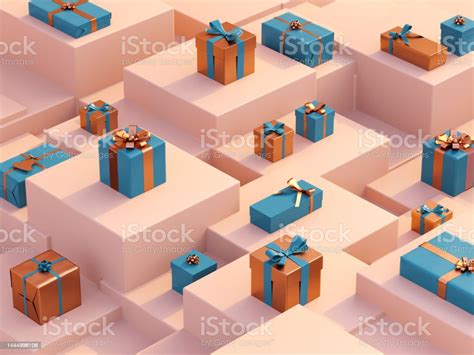 분홍색 기하학적 모양에 금색과 파란색 선물이 있는 크리스마스 배너 배경 메리 크리스마스와 새해 복 많이 받으세요 3d 렌더링의 전단지 디자인 3차원 형태에 대한 스톡 사진