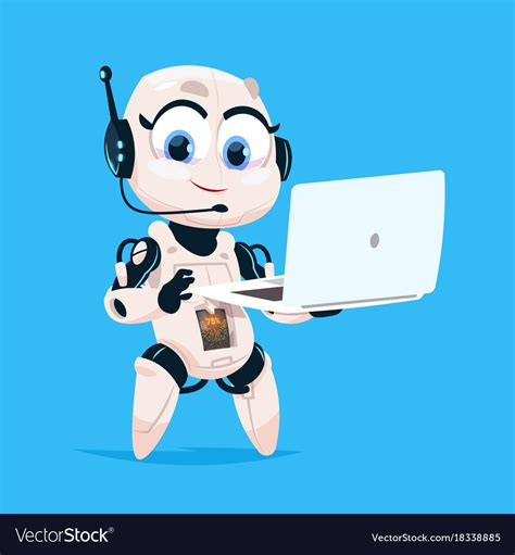 Cute Robot Hold Laptop Computer Chat Bot Robotic Vector Image