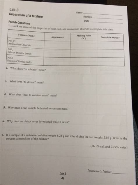 solved lab 3 separation of a mixture prelab questions name