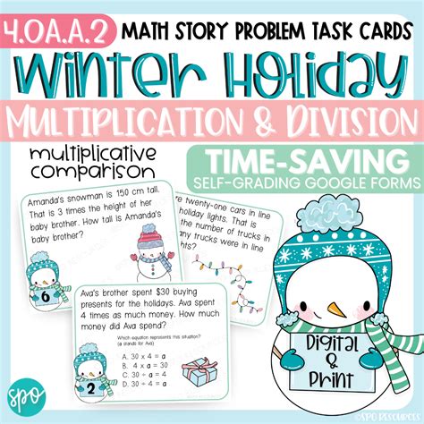 Winter Holiday Math Task Cards Division Interpret The Remainder Word Problems Holiday Task