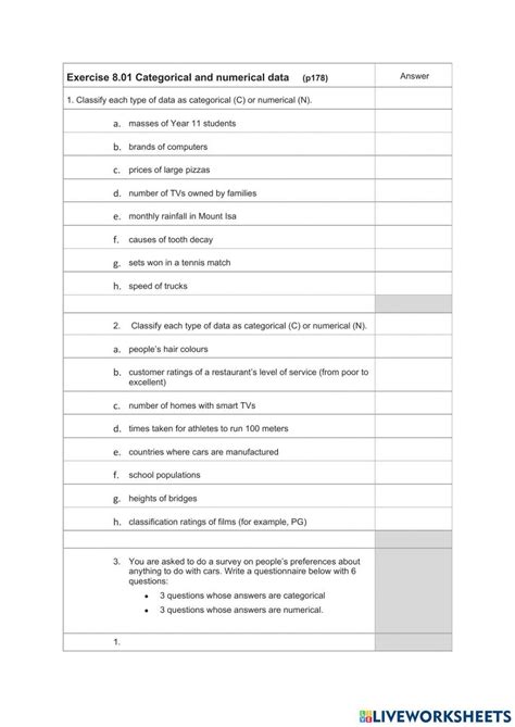classify numerical and categorical data liveworksheets