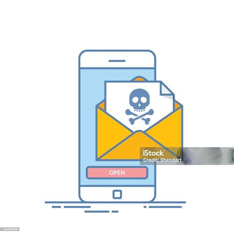 휴대 전화에 악성 코드 알림 이메일에서을 다시 핸드폰 사기 착오 사기 바이러스 스팸 데이터의 개념 두개골 뼈 경고와 스마트