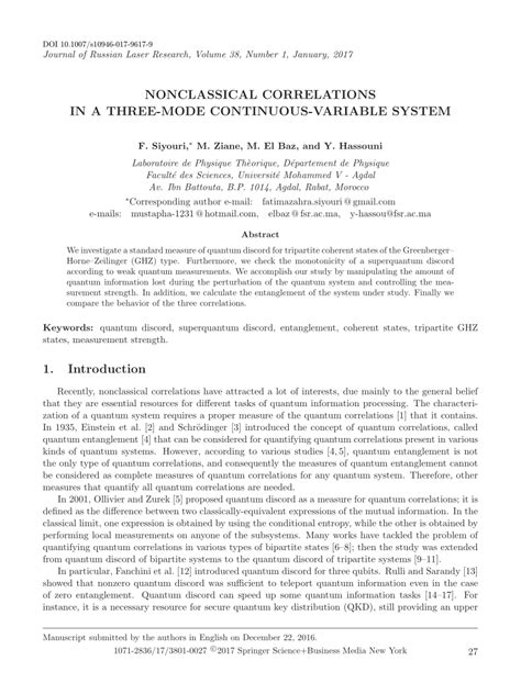 Pdf Nonclassical Correlations In A Three Mode Continuous Variable System