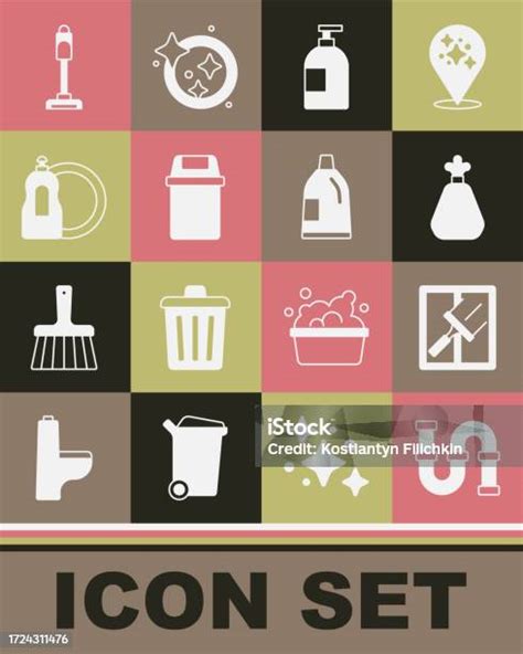 산업 금속 파이프 창문 용 고무 클리너 쓰레기 봉투 식기 세척액 병 쓰레기통 진공 및 병 세척제 아이콘을 설정하십시오 벡터 가방에 대한 스톡 벡터 아트 및 기타 이미지