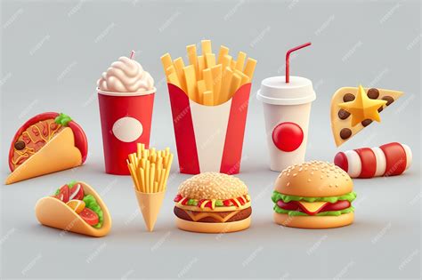Rendu 3d Fast Food Set Hamburger Frites Pommes De Terre Pizza Boisson
