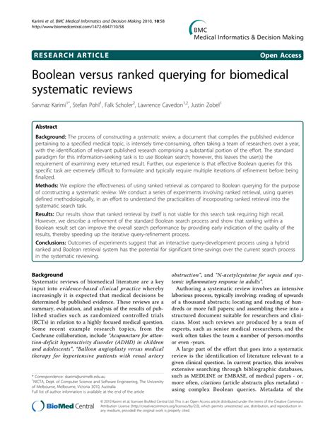 Pdf Boolean Versus Ranked Querying For Biomedical Systematic Reviews