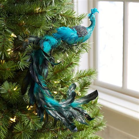 Peacock Christmas Tree Decorated With Blue And Black Feather