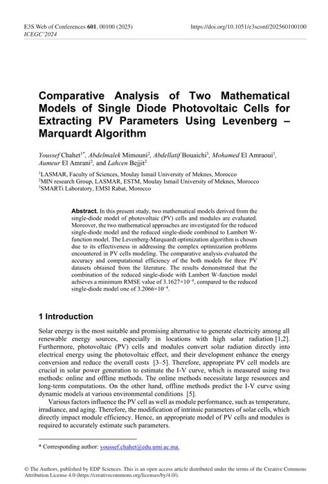 Pdf Comparative Analysis Of Two Mathematical Models Of Single Diode Photovoltaic Cells For