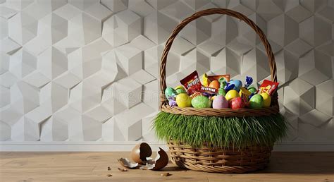 Colorful Easter Basket With Treats Against A Modern Geometric Wall