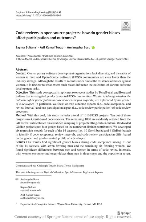 Code Reviews In Open Source Projects How Do Gender Biases Affect Participation And Outcomes