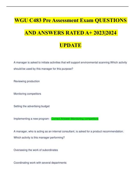 WGU C Pre Assessment Exam QUESTIONS AND ANSWERS RATED A UPDATE WGU C Pre