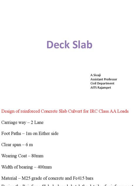 Design Of A Reinforced Concrete Deck Slab Culvert For A Two Lane Carriageway Under Irc Class Aa