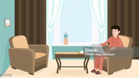 한 남자가 방에 있는 안락의자에 앉아 있다 티 테이블에 대한 스톡 벡터 아트 및 기타 이미지 티 테이블 컵 가정의 방 Istock