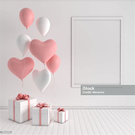 현실적인 풍선 포스터 프레임 방에 있는 선물 상자를 모의 3d 렌더링 인테리어 심장 모양 풍선입니다 파티 프로 모션 소셜 미디어
