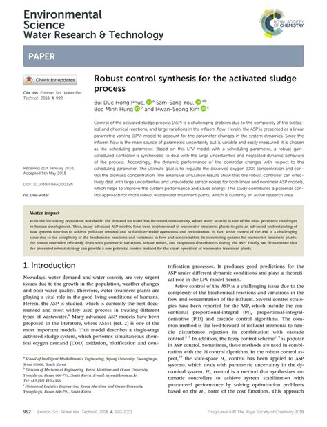 Pdf Robust Control Synthesis For The Activated Sludge Process