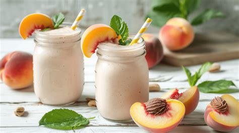 두 병에 바나나 복숭아 천도 복숭아 스무디 흰색 소박한 나무에 신선한 과일 밀크 셰이크 바나나 복숭아 천도 복숭아 부드러운 음료 배경 일러스트 및 사진 무료 다운로드